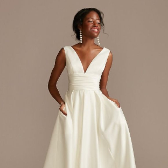 David's Bridal | Dresses | Db Studio Satin Vneck Tea Length Aline Dress ...